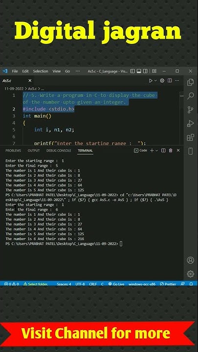 C Language For Loop Program Ex 5 To Display The Cube Of Integer Upto The Given Integer Youtube