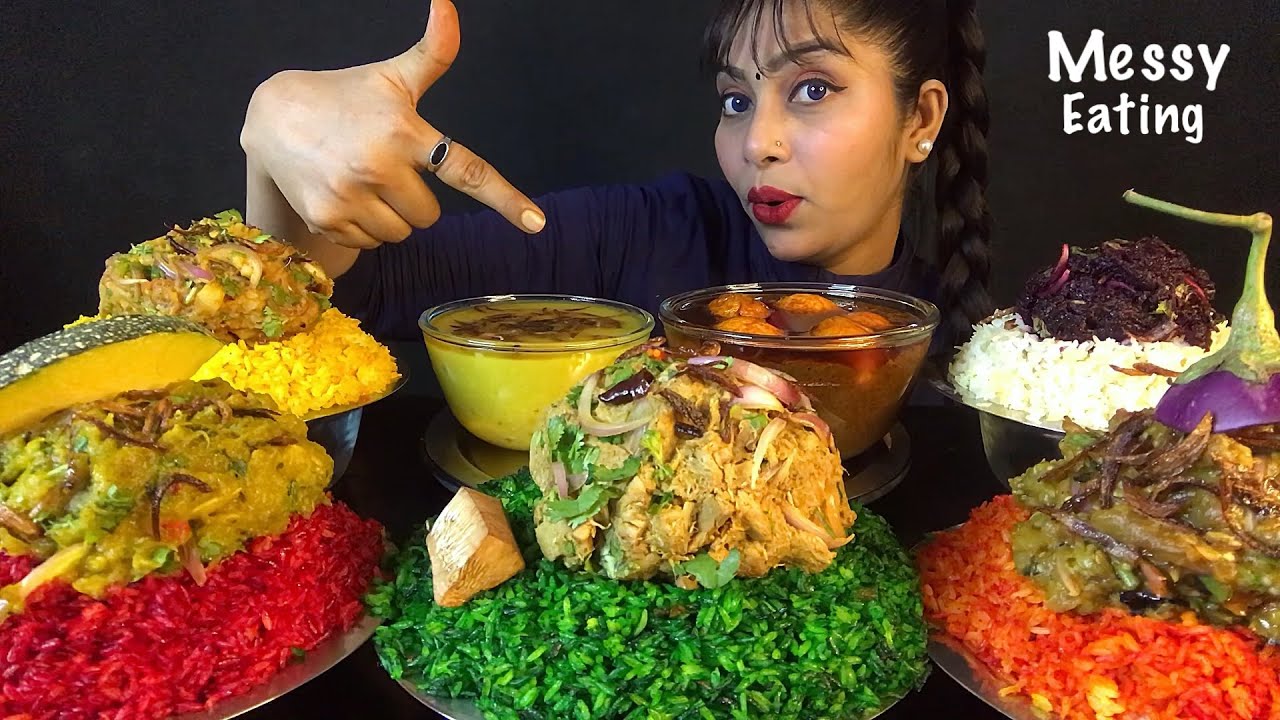 EATING 5 DIFFERENT TYPES OF RICE WITH BHARTA DAL SPICY EGGS CURRY ...