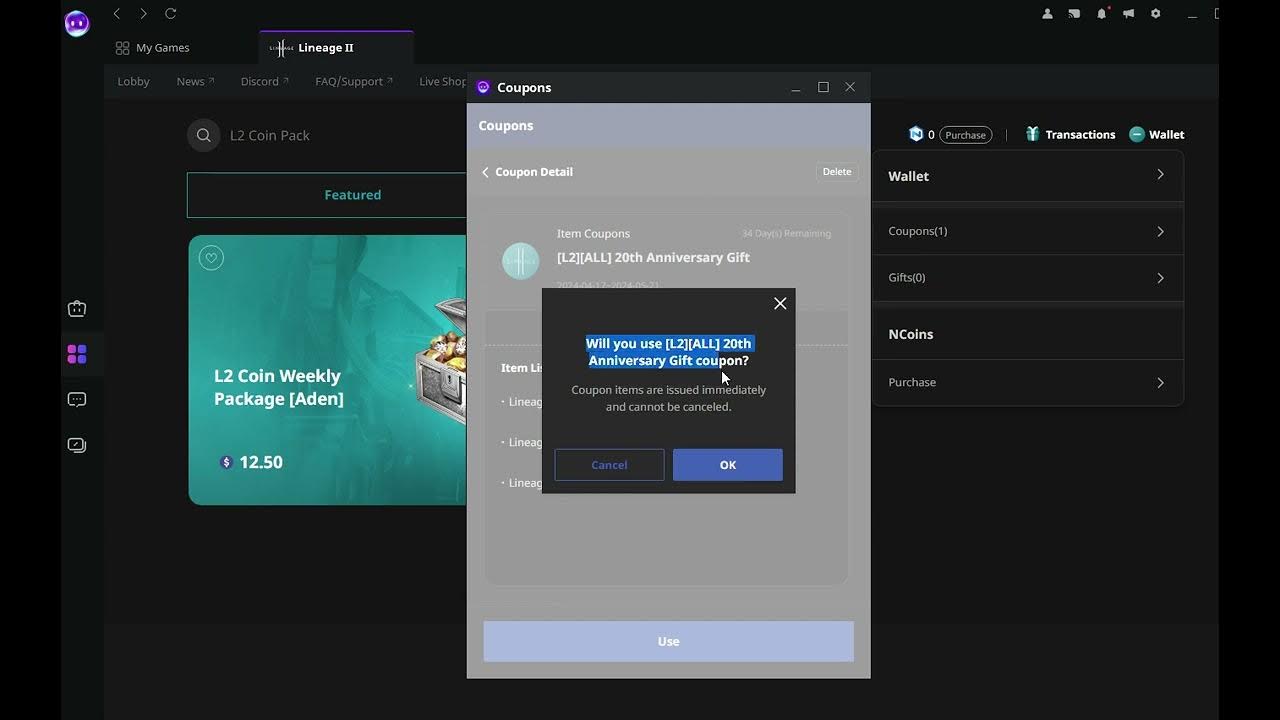 l2 essence / l2 Aden / l2 live / l2 legacy/ l2 classic how claim code in PURPLE client - YouTube
