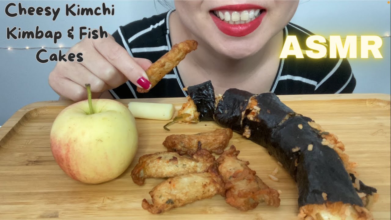 ASMR MESSED UP CHEESY KIMCHI KIMBAP, FISH CAKE, & APPLE - YouTube
