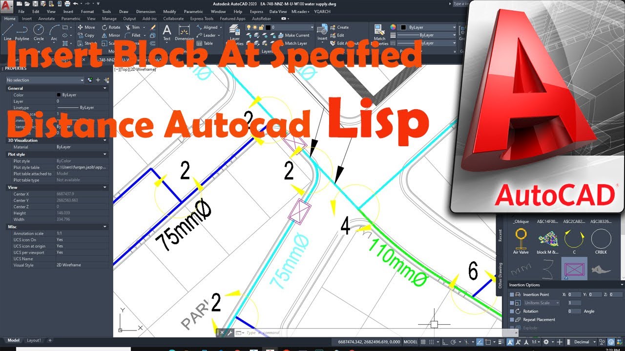 Autocads Lisp Insert Block With Specified Distance And Specified Blocks Name Youtube 0136