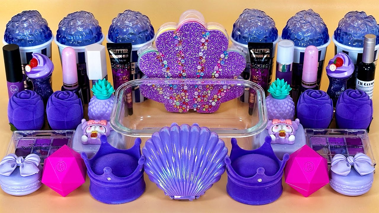 PURPLE SLIME 💜 Mixing makeup and glitter into Clear Slime. Satisfying ...