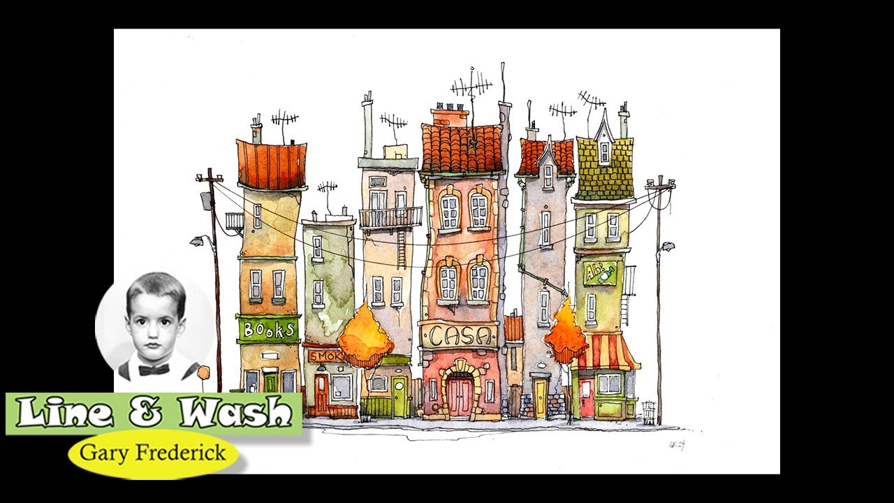 Whimsical Urban scene - Made up places. Line and wash. - YouTube