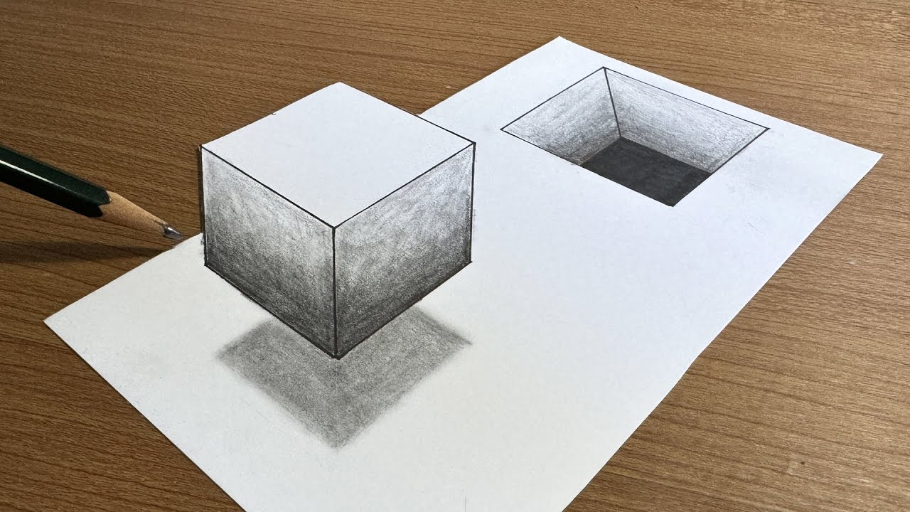 Easy 3d drawing box on paper | Box and hole 3d drawing - YouTube