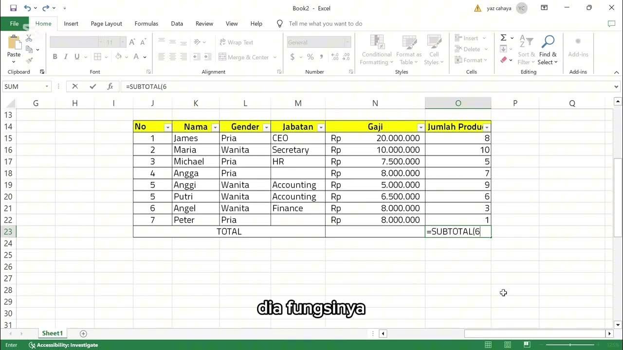 tutorial cara menggunakan SUBTOTAL pada aplikasi EXCEL (TUGAS LTIK) - YouTube