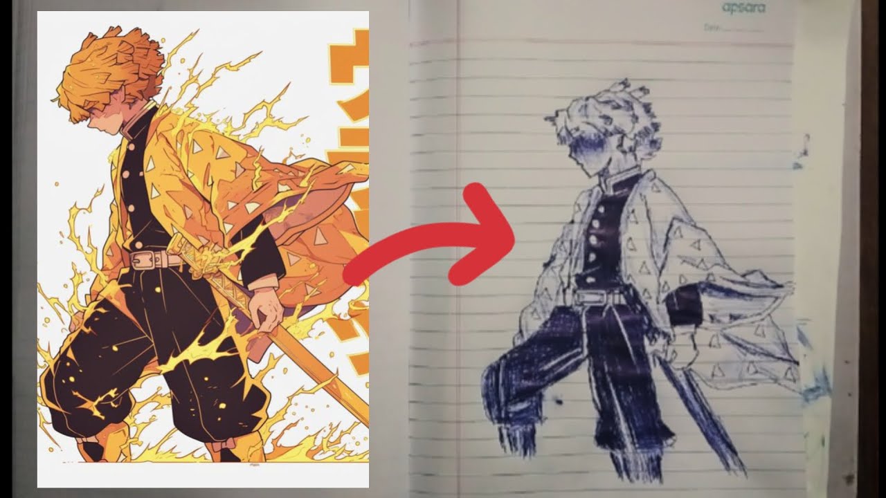 how to draw Zenitsu using by ball pen ll step by step ll full tutorial ...