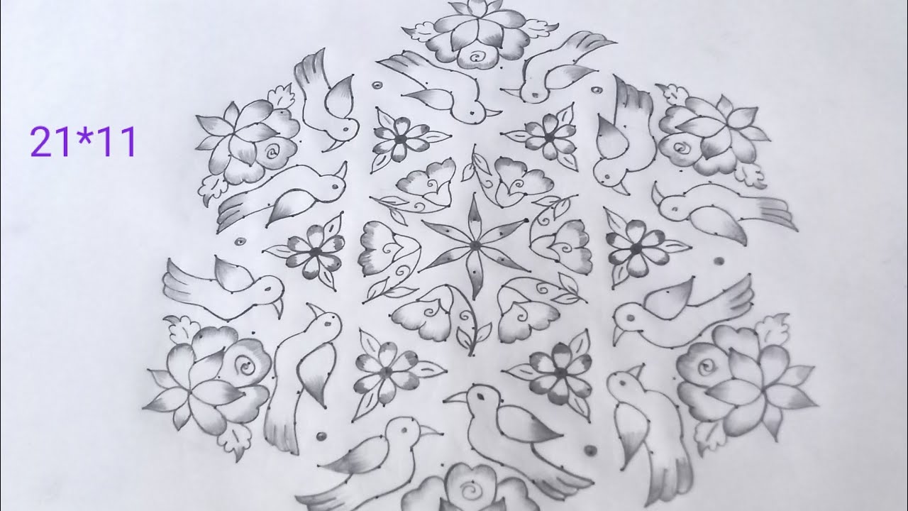 21*11 Dots Big Rangoli // margazhi masa kolam // Bird 🐦 rangoli - YouTube