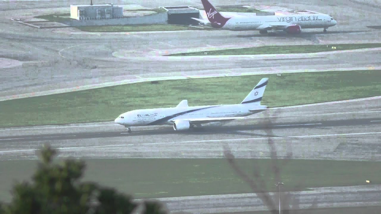 El Al 777's impressive long take off Hong Kong airport - YouTube