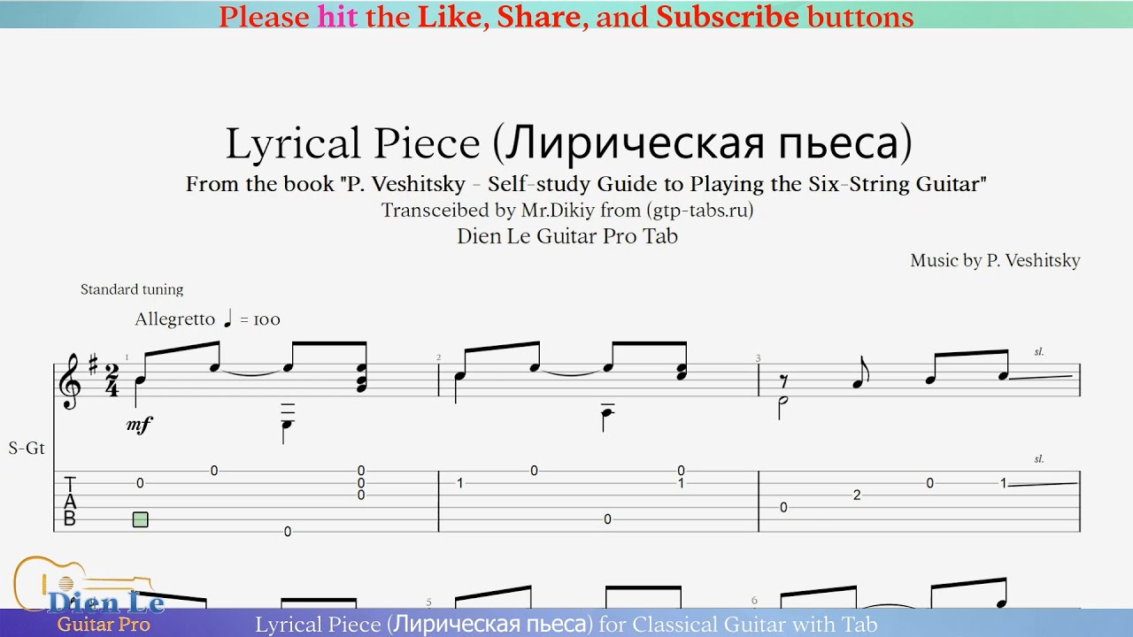 Lyrical Piece (Лирическая пьеса) for Classical Guitar with Tab - YouTube
