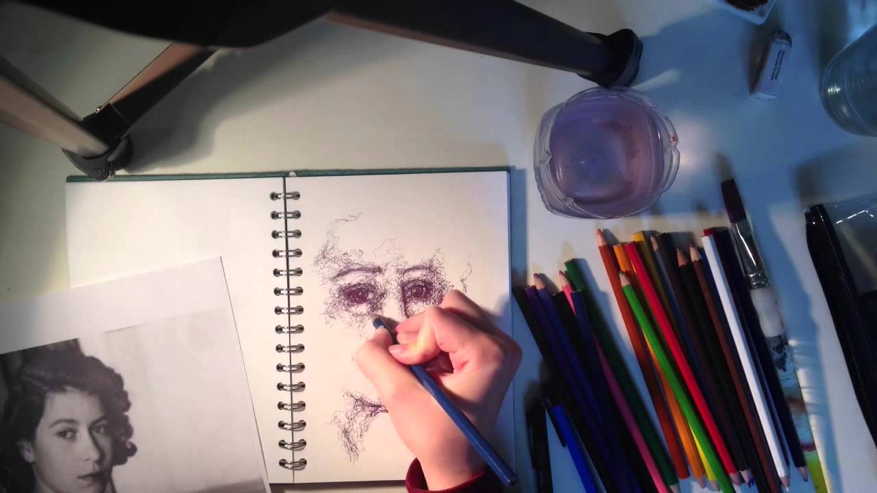Face Biro & Coloured Pencil Drawing - YouTube