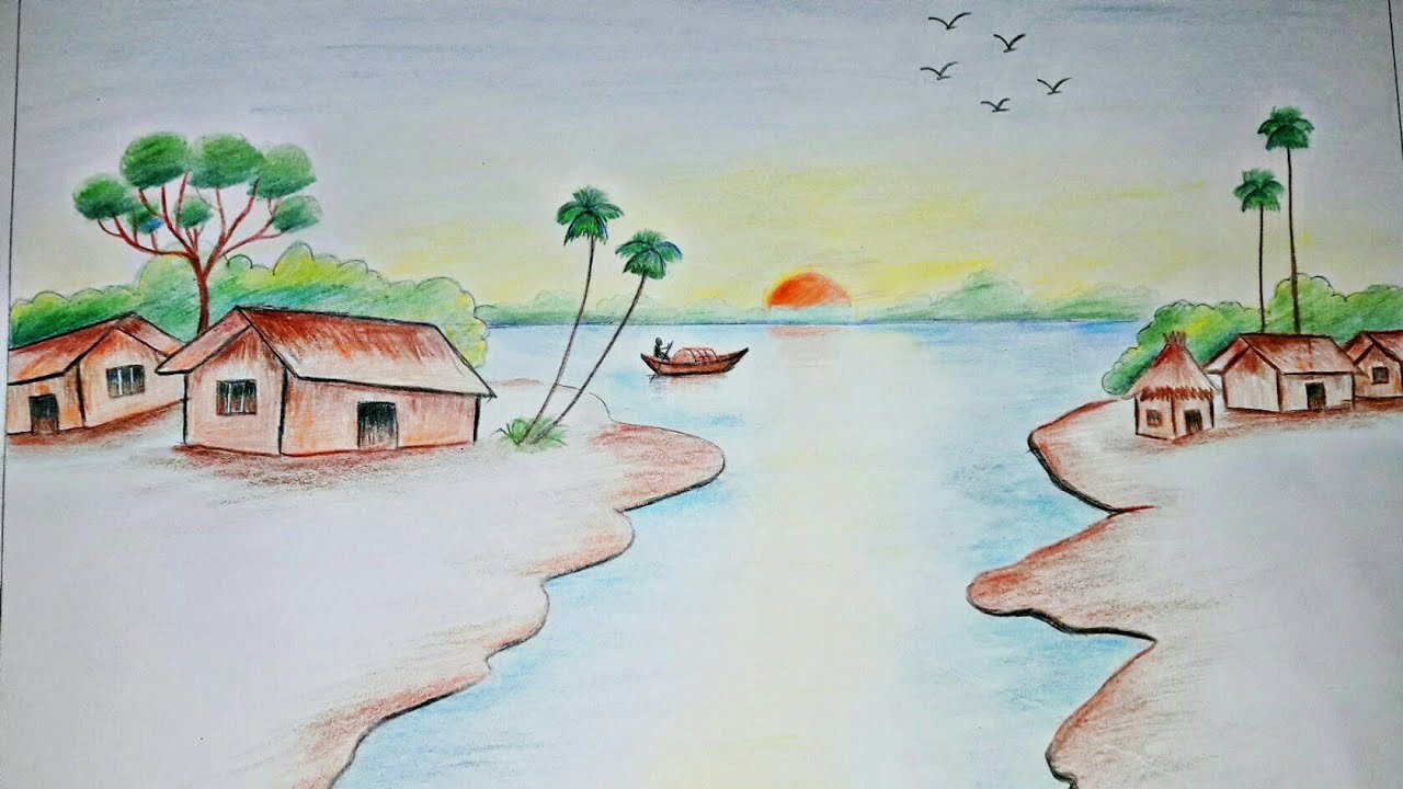 A simple Drawing of river side village scenery-----step by step ...
