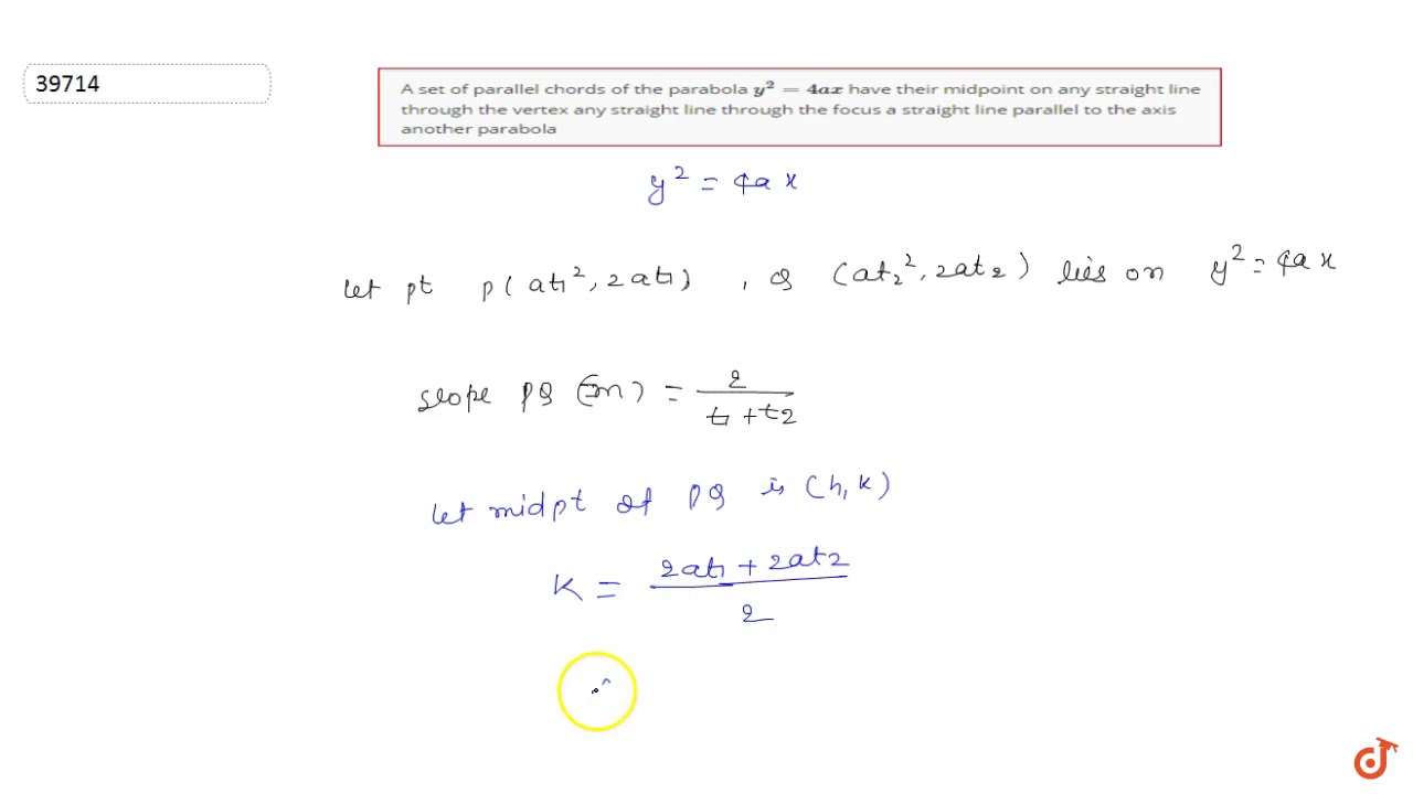 A set of parallel chords of the parabola `y^2=4a x` have their midpoint ...