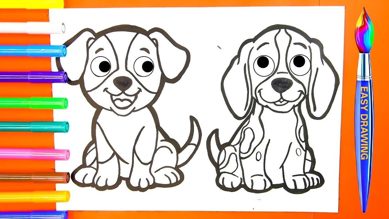 Easy Drawing & Coloring of Two Cute Puppies 🐶🐕 | Dog Drawing for Kids ...