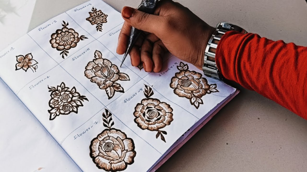 How to draw 9 different types of henna flowers easily - YouTube