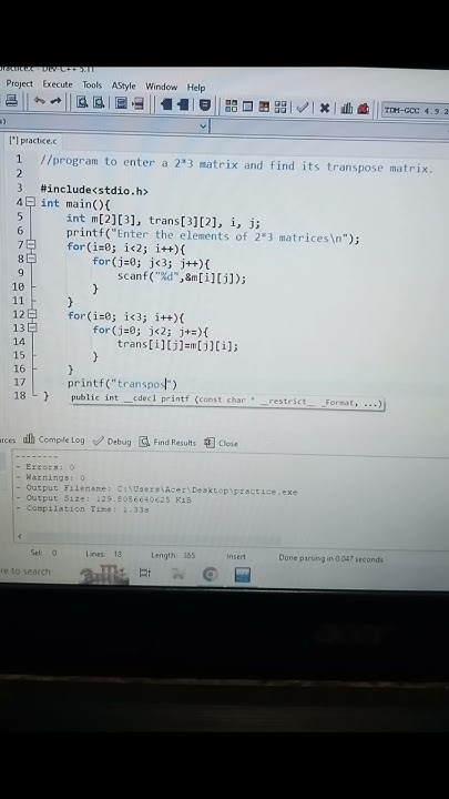 Program to enter 2*3 matrix and find it's transpose matrix #coding #foryou - YouTube