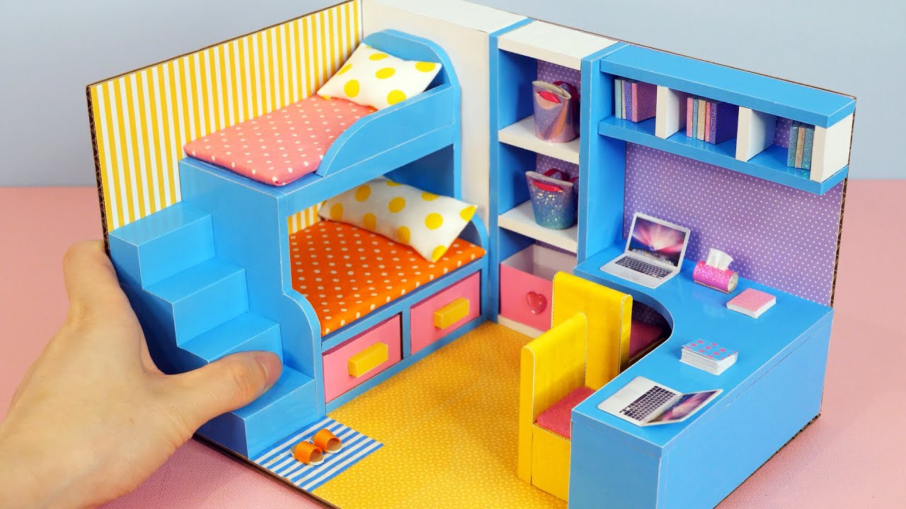 DIY Miniature Cardboard House #42 bedroom for two girls, PINK and BLUE ...