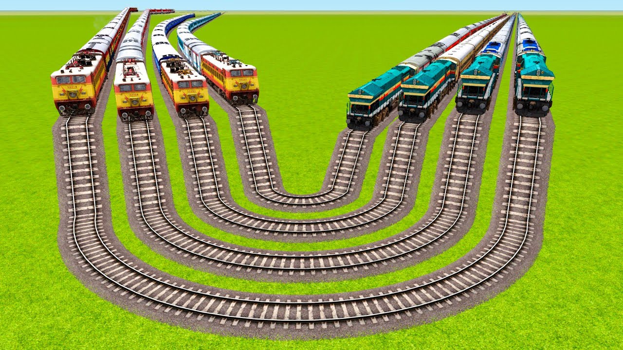 FOUR WDP 4 TRAINS VS FOUR WAP 4 LOCOMOTIVE TRAINS CROSSING ON CURVE ...