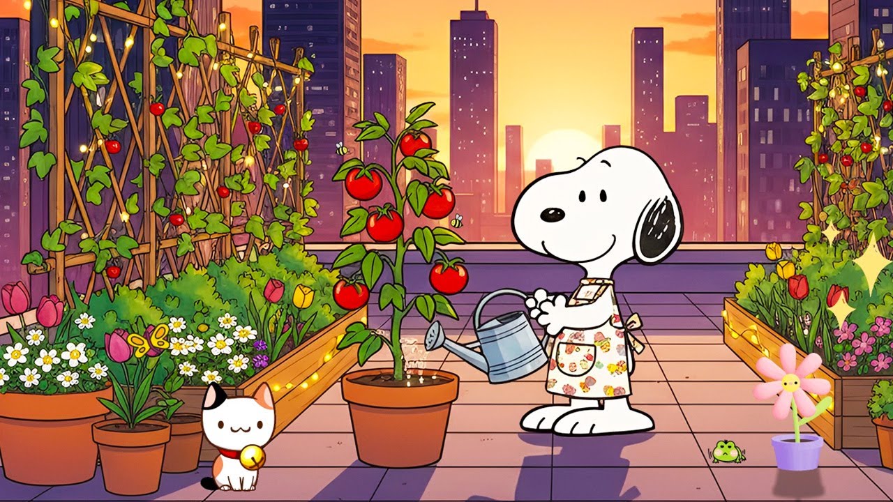 Snoopy's Rooftop Garden 🌱 Chill Lofi Hip Hop Beats 🎧 for Sunset ...