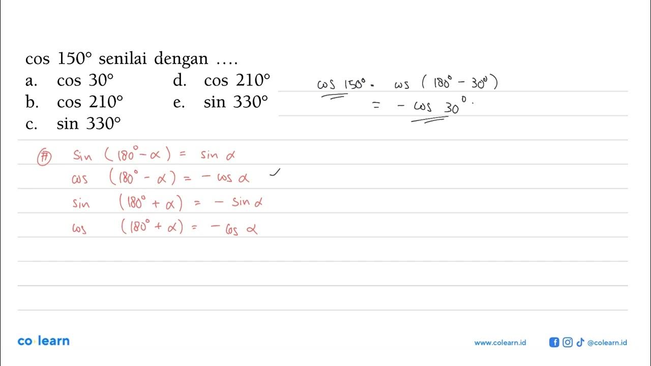 cos 150 senilai dengan ... - YouTube