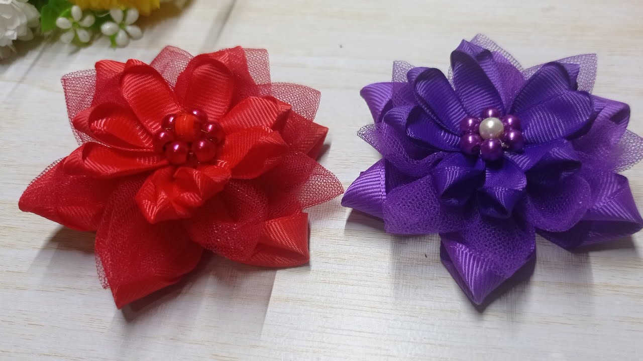 membuat jepit rambut bunga dengan pita dan tile - DIY - YouTube