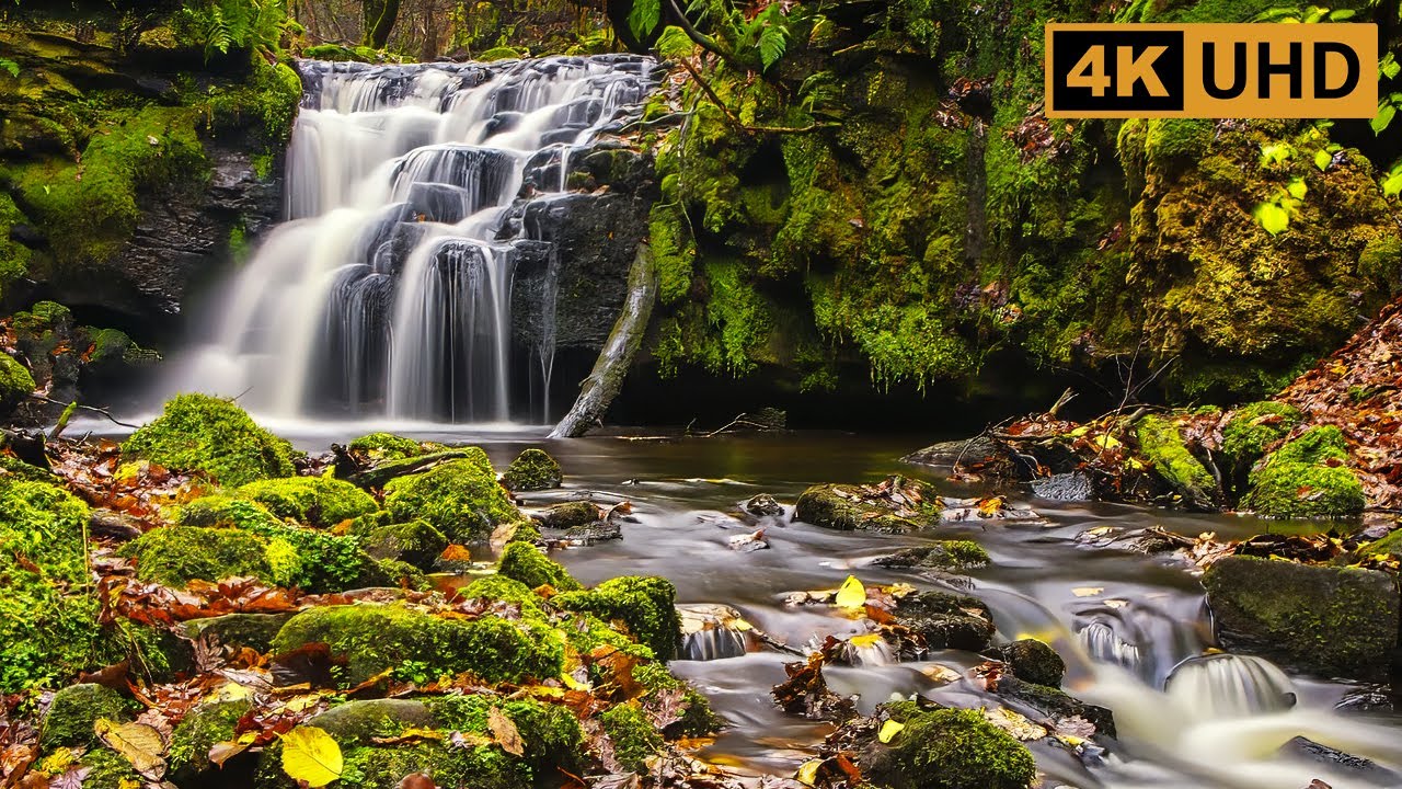 [4K UHD] Waterfall Flowing Over Rocks In Forest | Relaxing Flowing ...