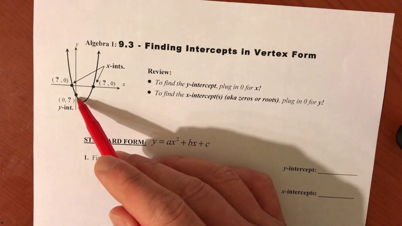 Algebra 1: Finding Intercepts of a Parabola in Vertex Form - YouTube