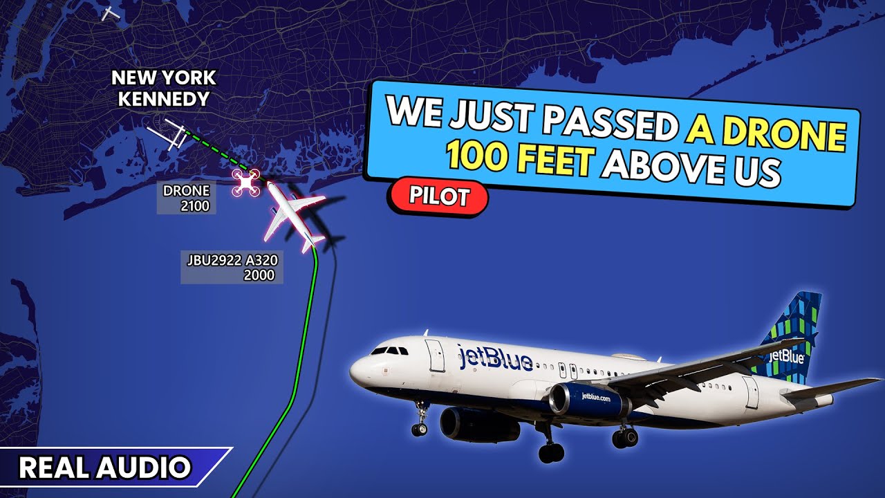 Drone passes in 100 feet over airplane on final at New York Kennedy Airport. Real ATC - YouTube