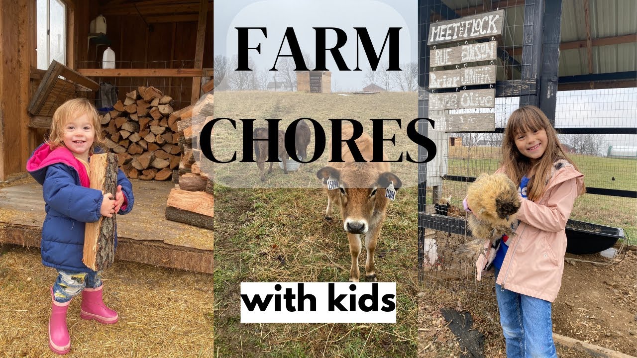 farm chores with kids | feeding cows, collecting eggs, & stacking fire ...