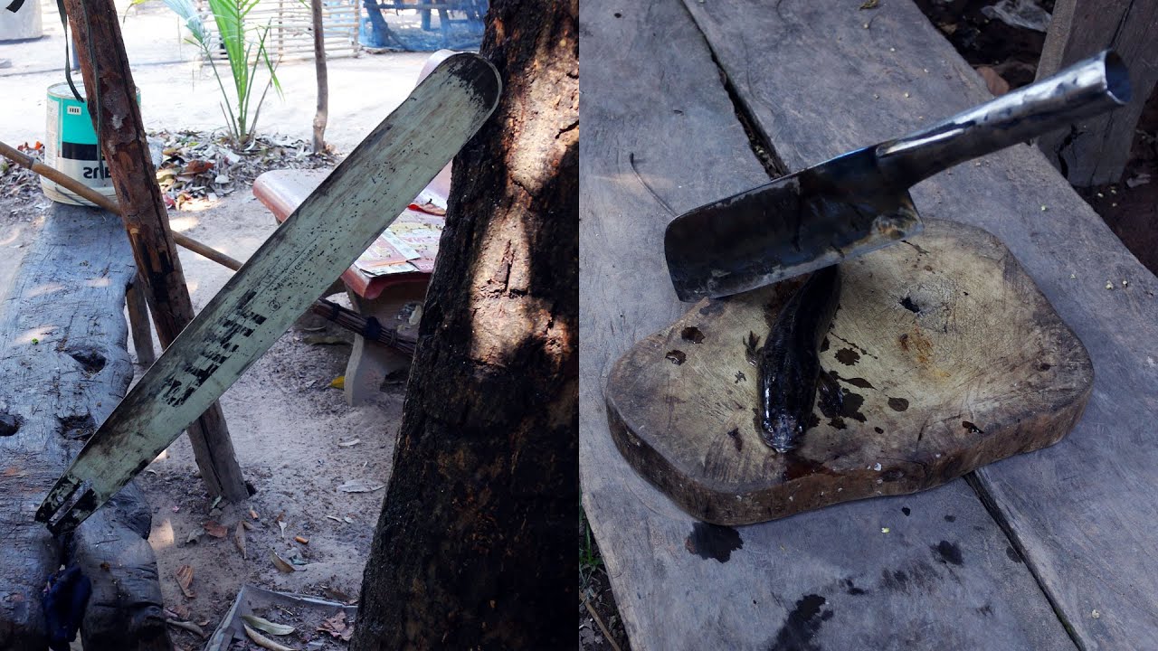 KNIFE MAKING - FORGING A MEAT CLEAVER KNIFE FROM BROKEN CHAINSAW BAR ...