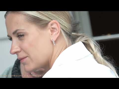 Beauty blonde woman, candid dirty sandals.