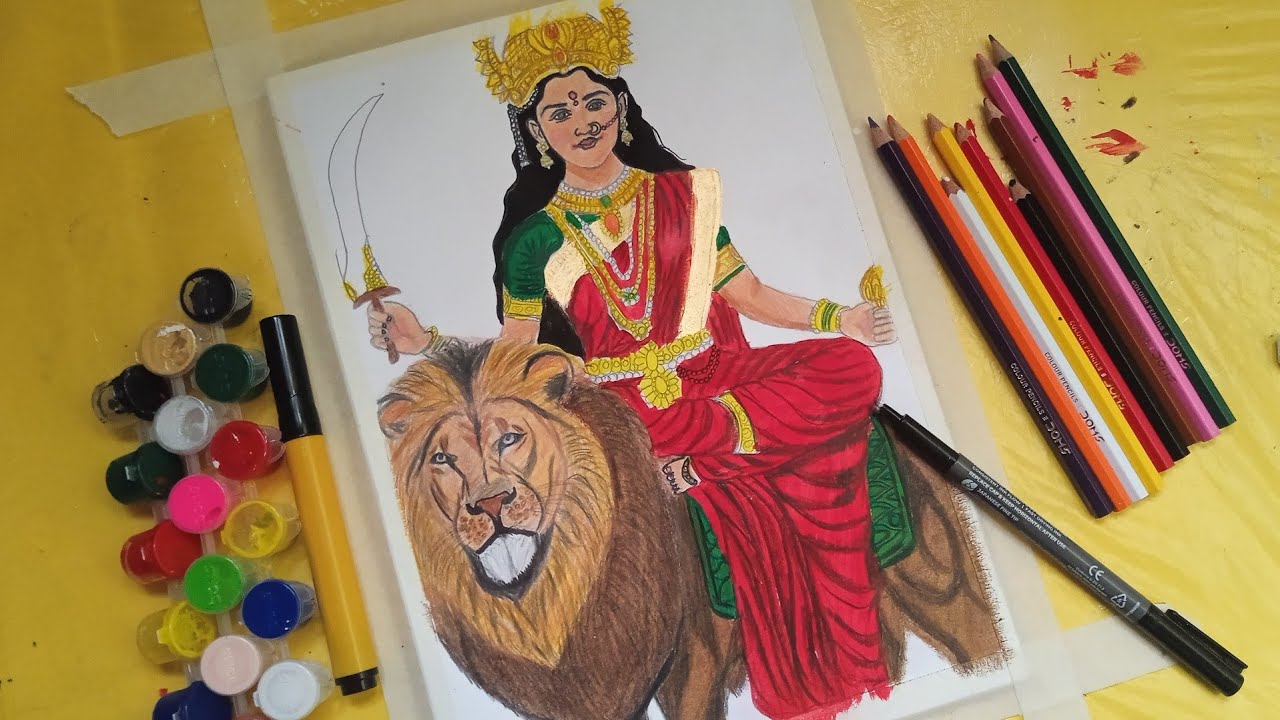 Durga Mata Drawing Outline with Colors | Easy Step-by-Step Tutorial ...