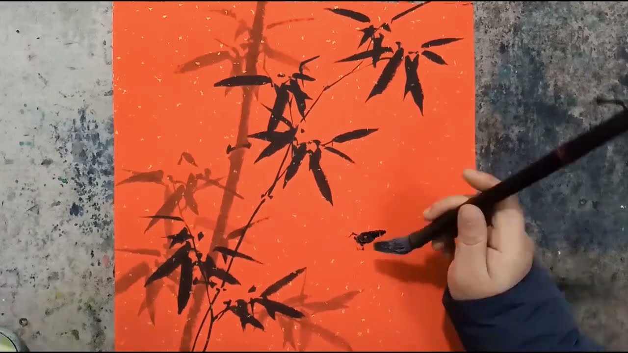 Bamboo ink painting on red rice paper - YouTube