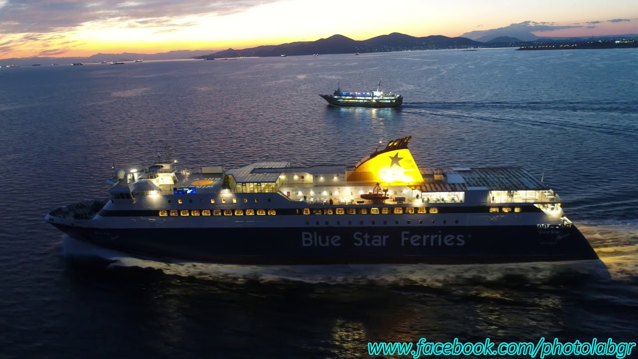Aerial (drone) video - Blue Star naxos night departure from Piraeus ...