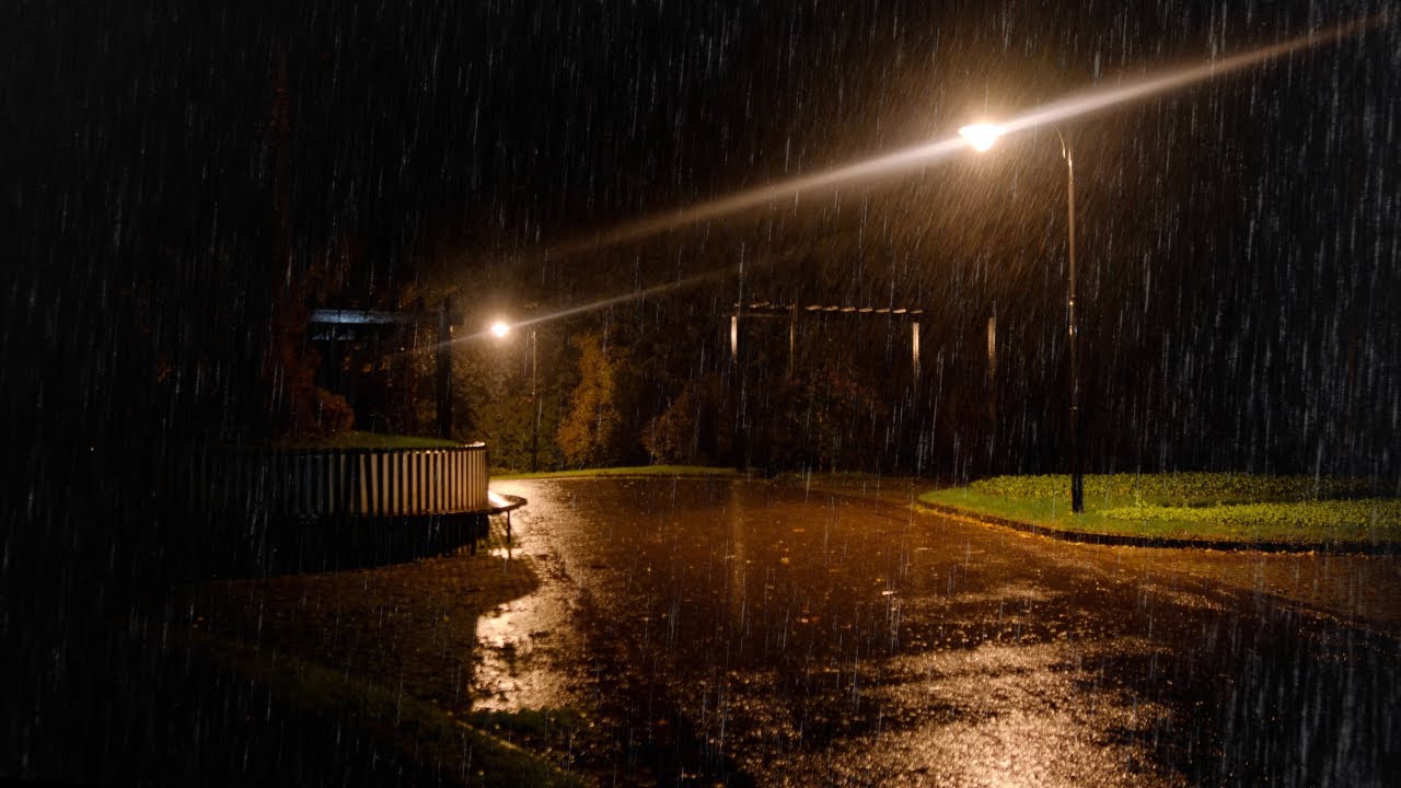 10-Hour Nighttime Park Rainfall | 4K Quality | Relax, Sleep, Study ...