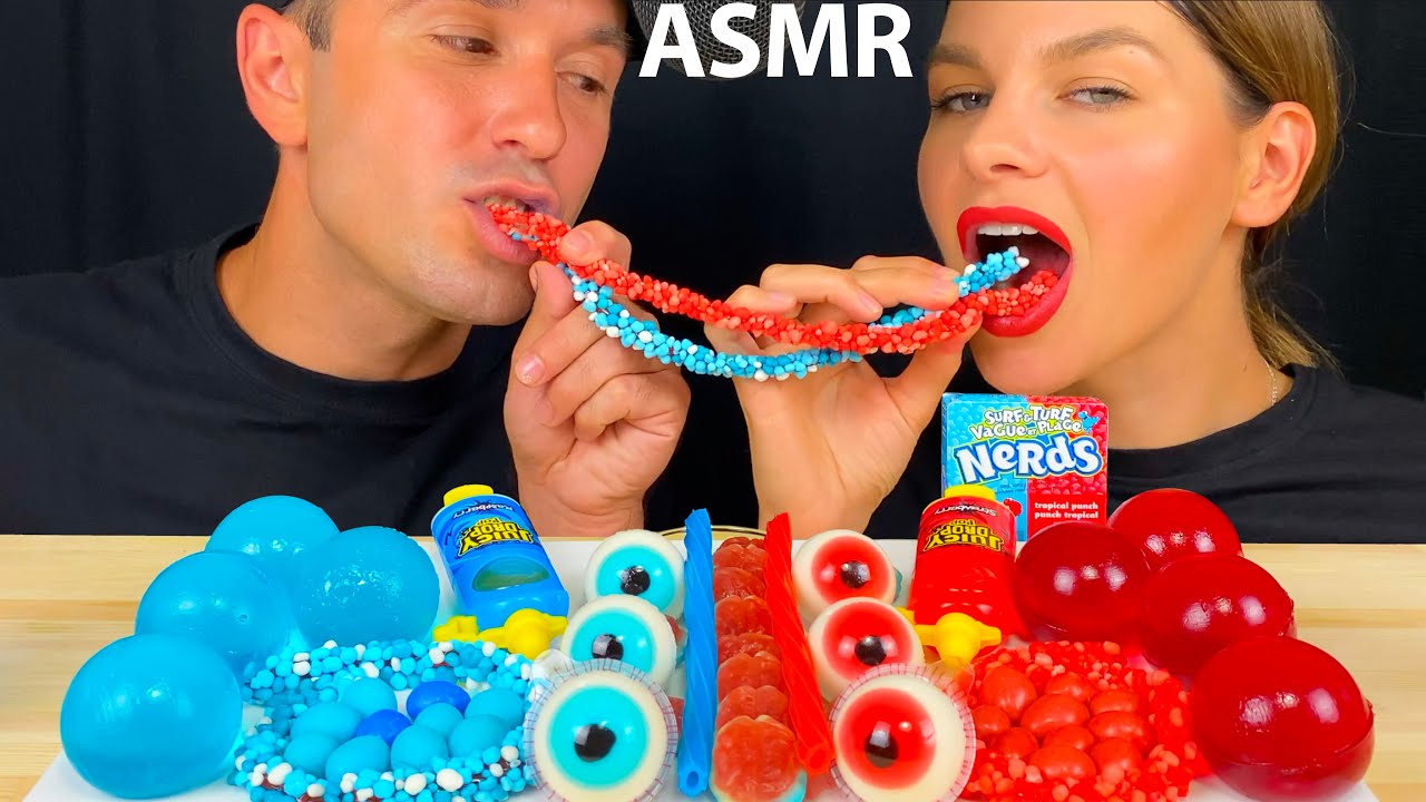 ASMR RED FOOD VS BLUE FOOD, SOUR CANDY, JELLY BALLS & NERD ROPE, GUMMY ...
