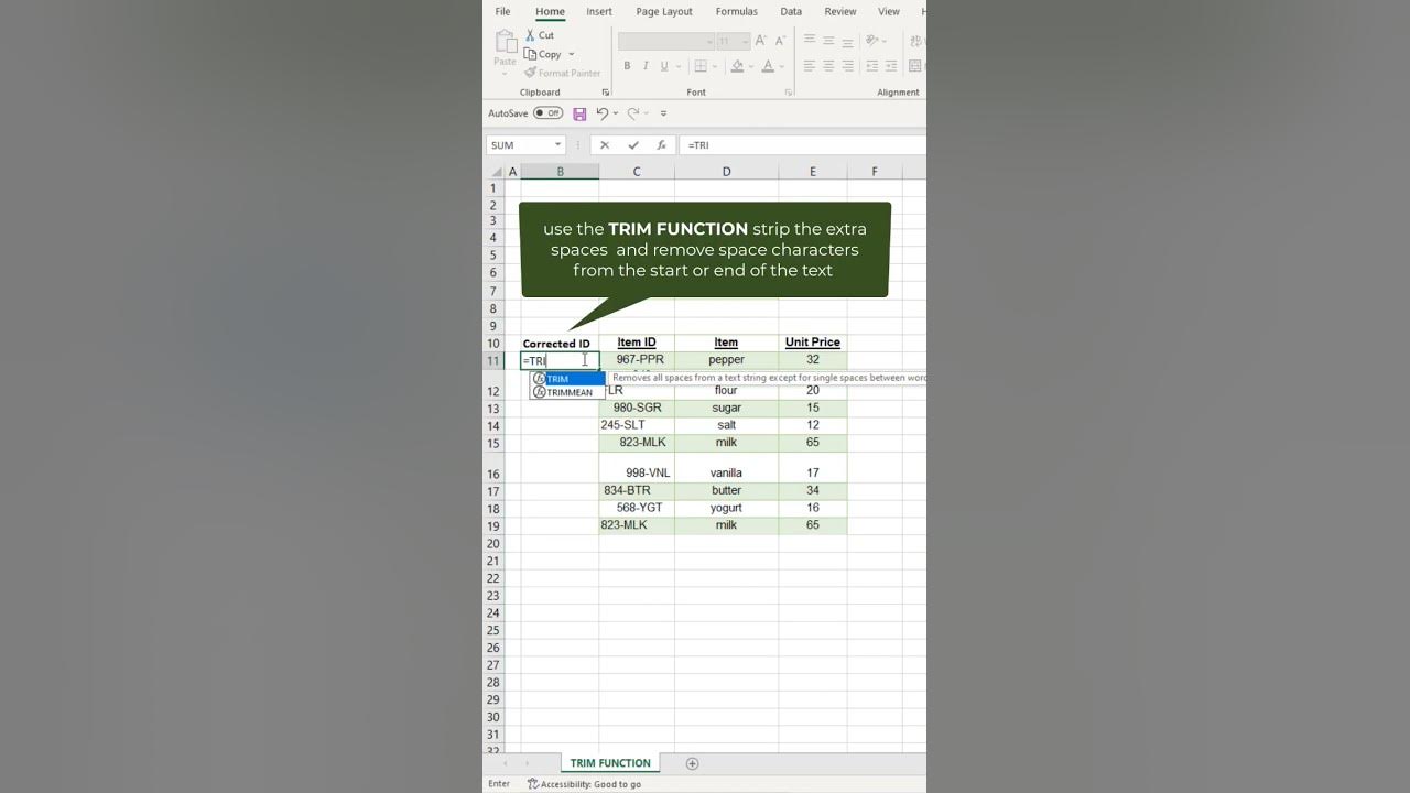 Trim Functionreels Excel Tutorial Exceltips Exceltricks Youtube