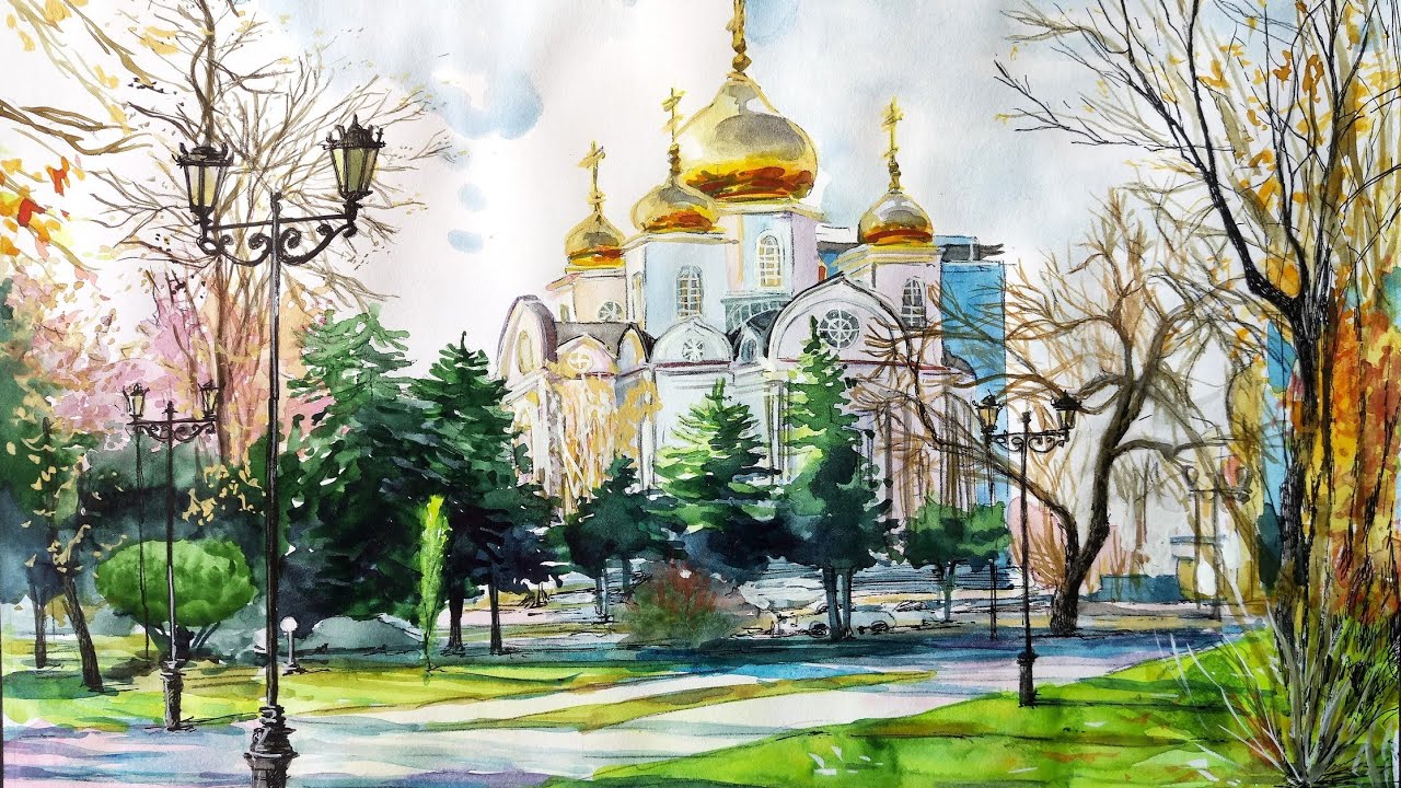 Graphic art_ink pen watercolor "Russia. City Krasnodar" - YouTube
