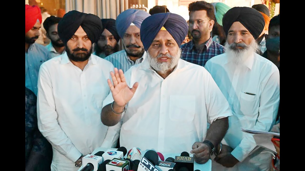 SAD President S Sukhbir Singh Badal addressing a press conference at ...