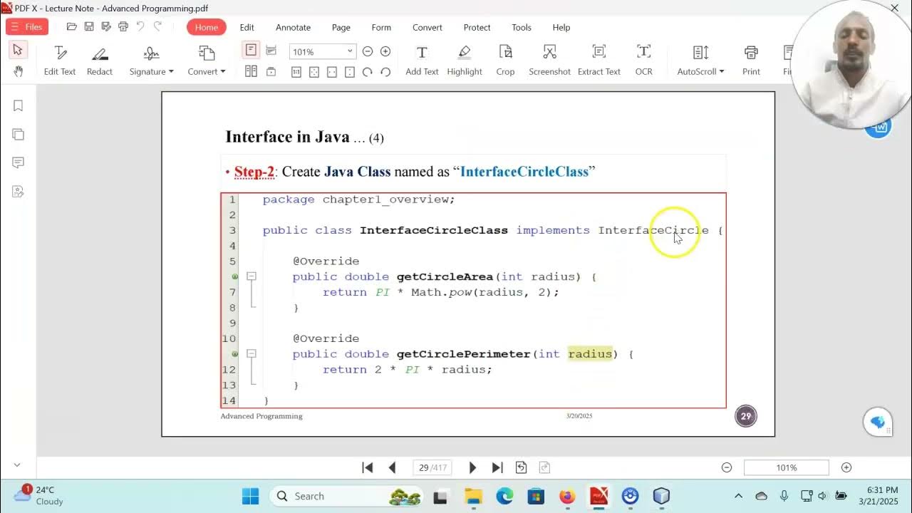 Lecture 9: Java Interface Program for Computing Circle Area and Perimeter - YouTube