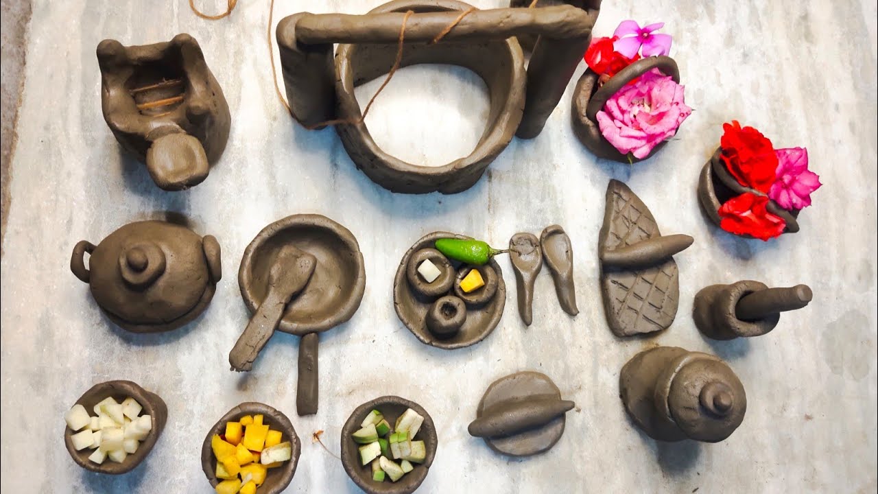 Handcraftes clay kitchen set for kids।। মাটির জিনিস তৈরি।Handicraft ...