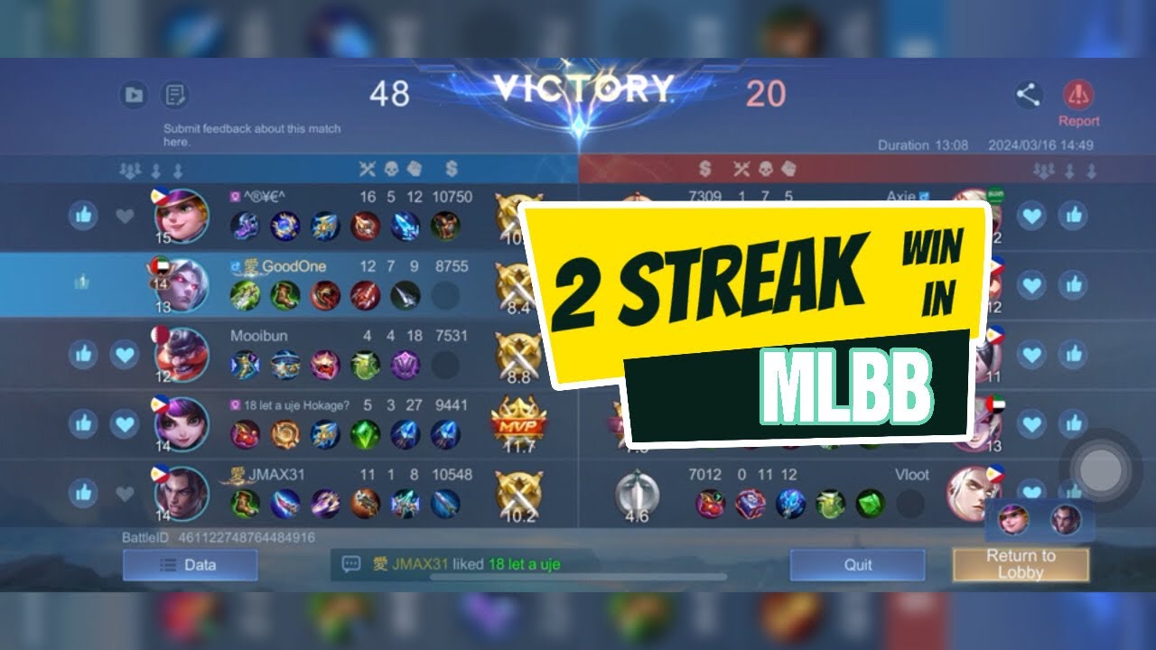 Playing MLBB with a challenge:Play 2 matches that are Victory matches ...
