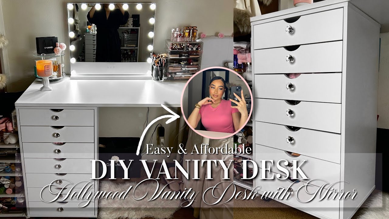 DIY VANITY DESK AT HOME | GLAM HOLLYWOOD VANITY DESK WITH MIRROR | EASY ...