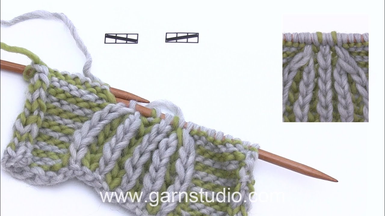 How to decrease 2 stitches towards left and right with 2-colour in English rib - YouTube