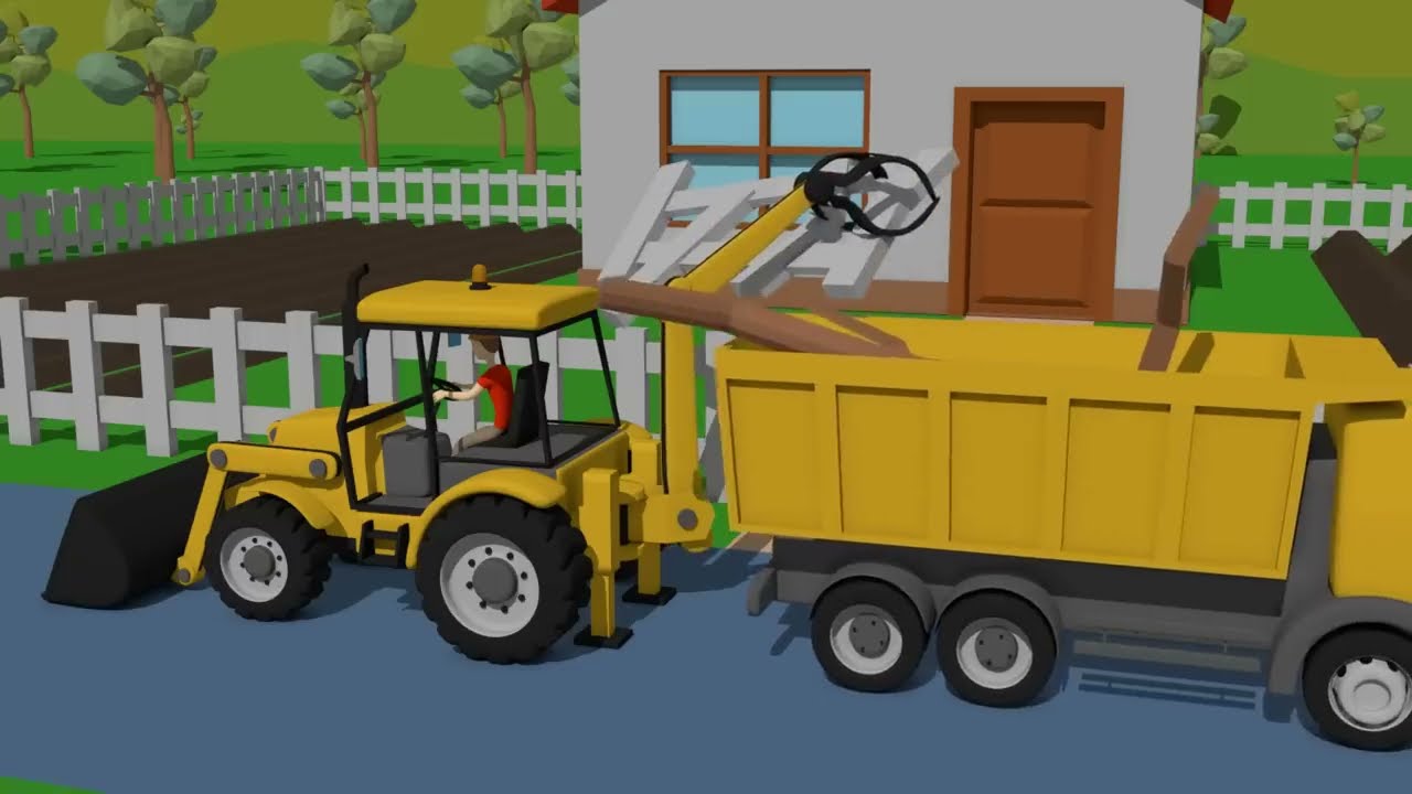 Video Truck and Excavator, Dump Truck and Blue Bulldozer and Street ...