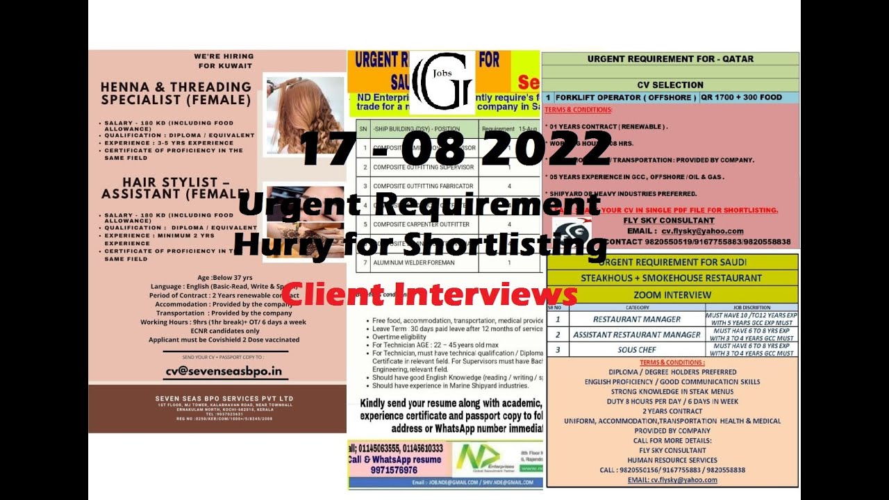 17 August 2022 Gulf Jobs Assignment Abroad Today Abroad Jobs Daily