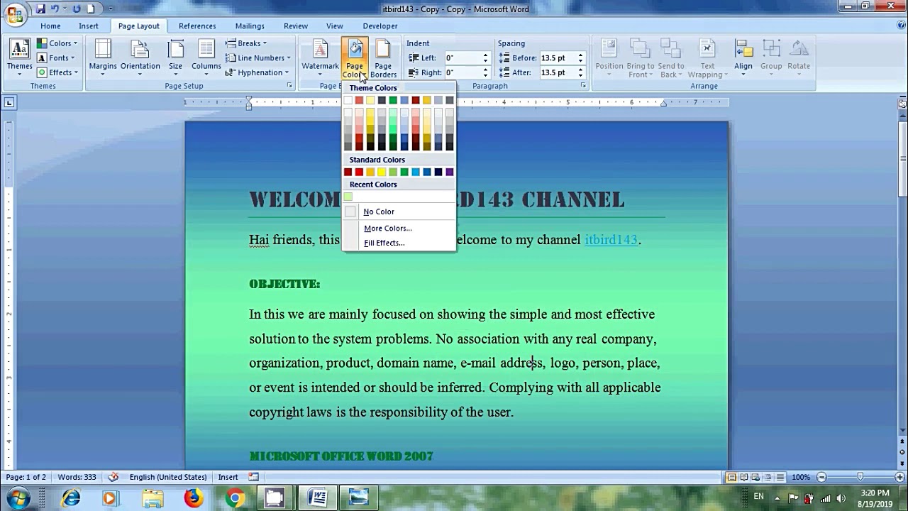 Word 2007: How to add page background color in word - YouTube