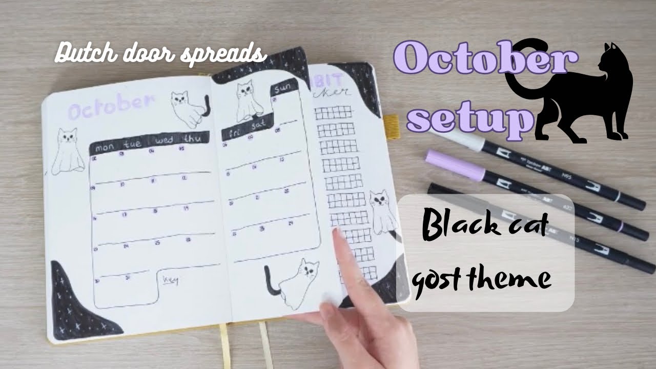 October 2023 bullet journal PLAN WITH ME black CAT GOST theme | purple ...