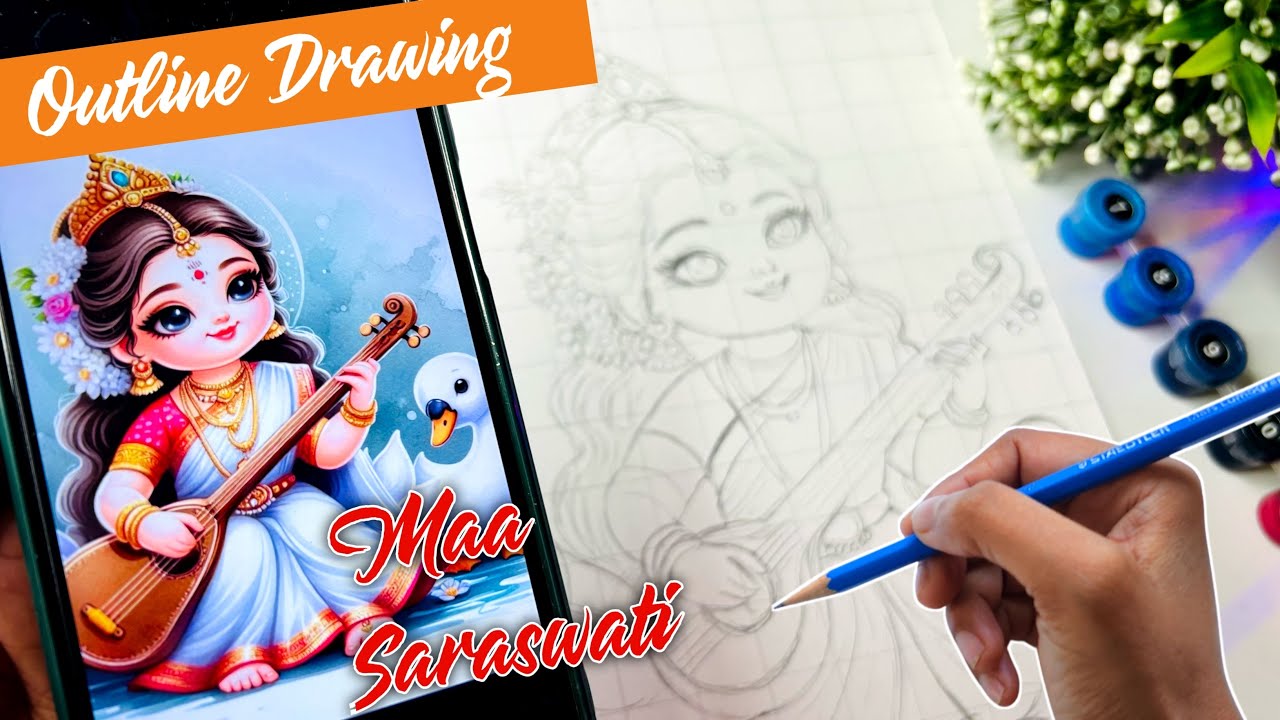 Saraswati Mata Drawing,Outline Tutorial, Cute Saraswati mata drawing ...