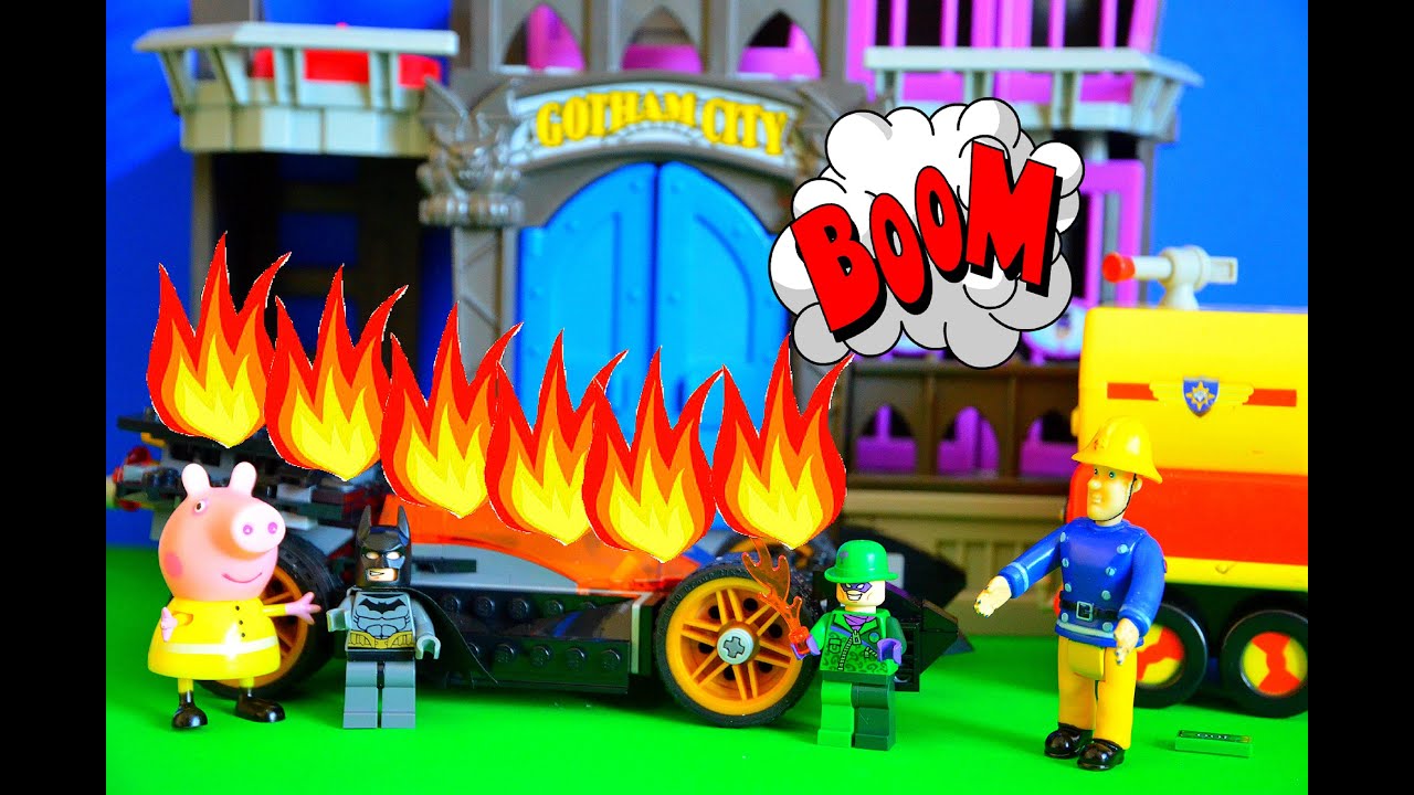 Fireman Sam Episode Saves Lego Batman's Batcar Peppa Pig Gotham City ...
