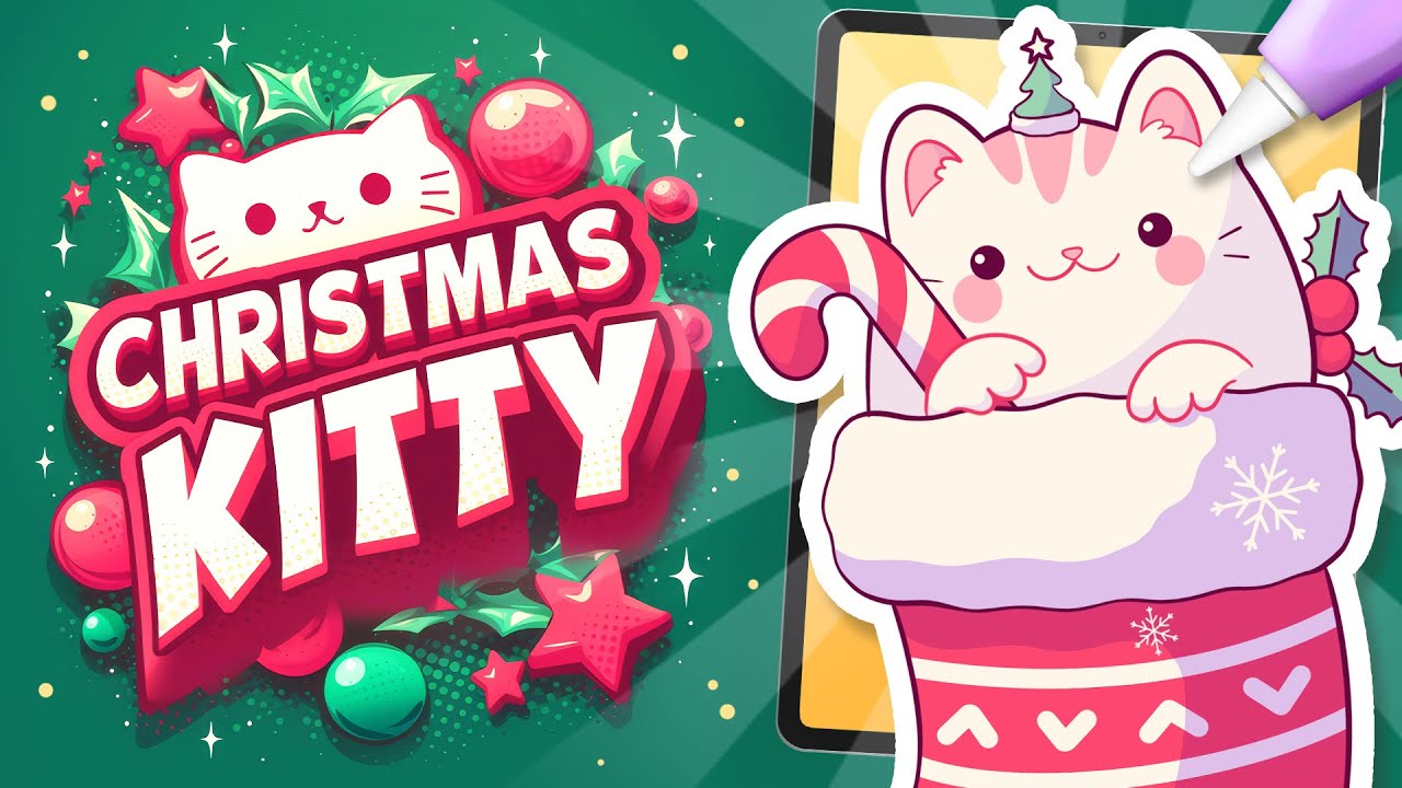 How to Draw 🎄 CHRISTMAS CAT 🌟 Kawaii Step-by-Step PROCREATE Tutorial ...